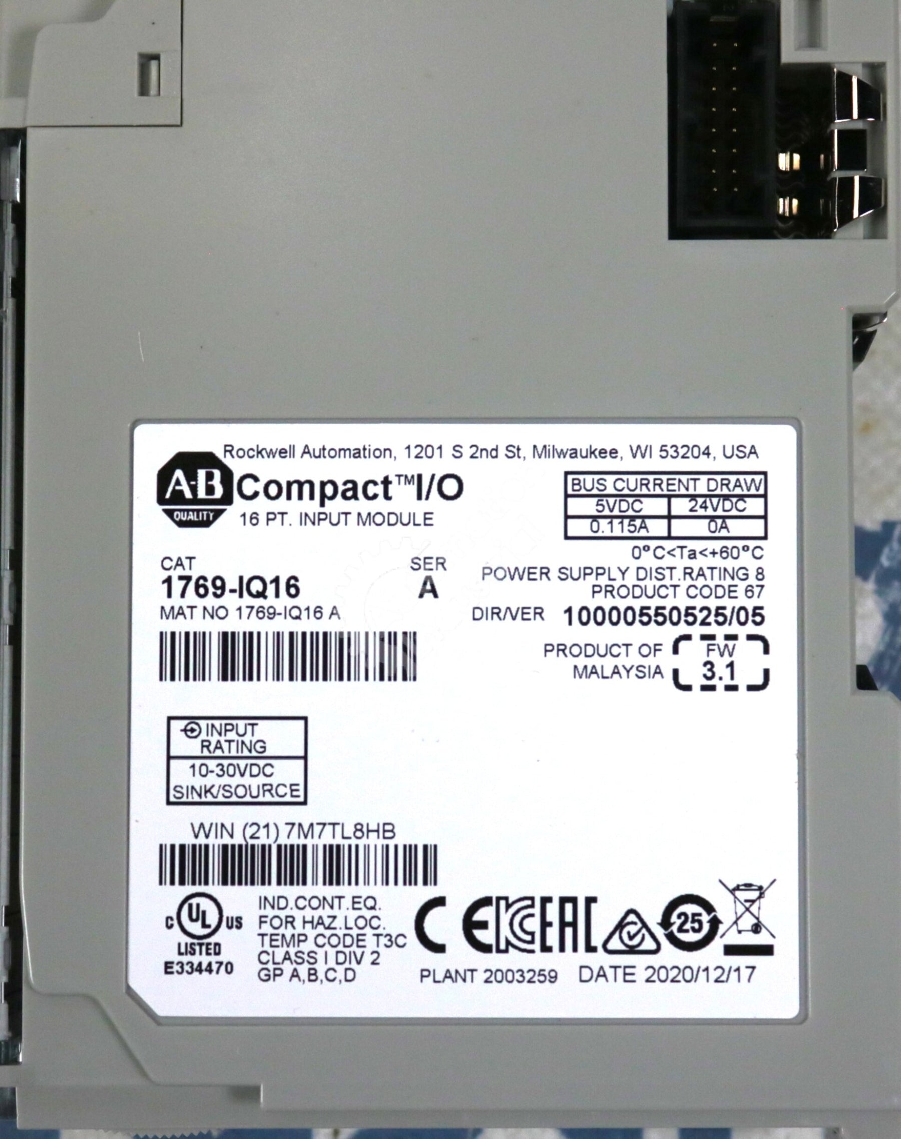 1769-IQ16 By Allen Bradley 16-Point 24VDC Sink/Source Input Module NSF