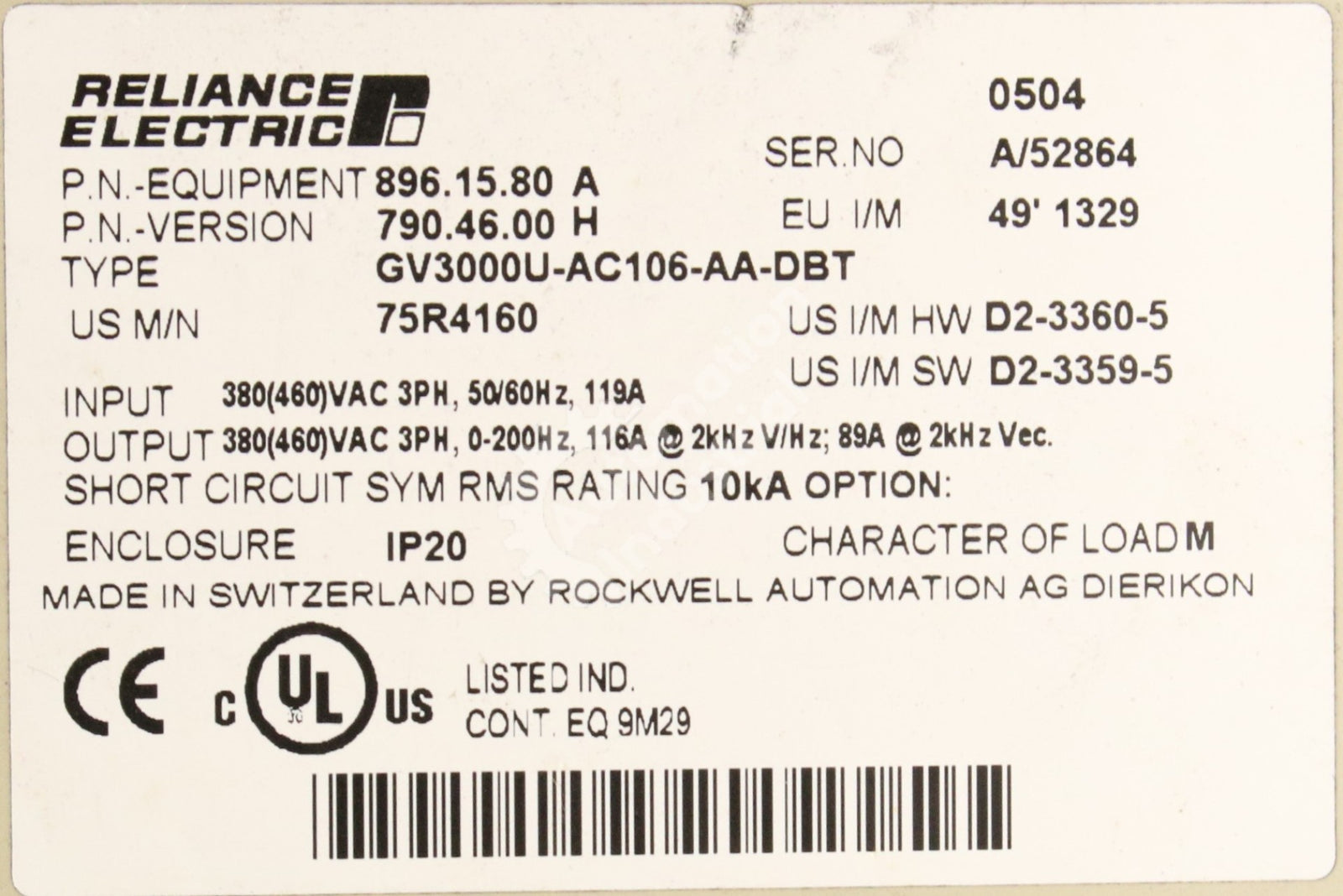 GV3000U-AC106-AA-DBT by Reliance Electric 75R4160 75HP 460V AC Drive G ...